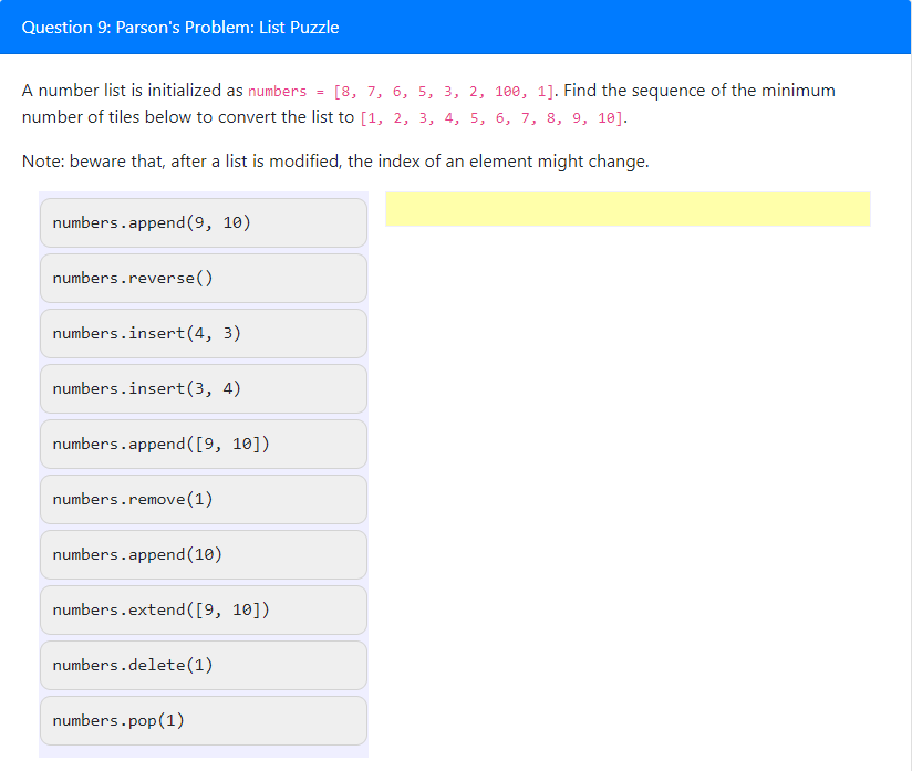 Solved Question 9: Parson's Problem: List Puzzle A number | Chegg.com