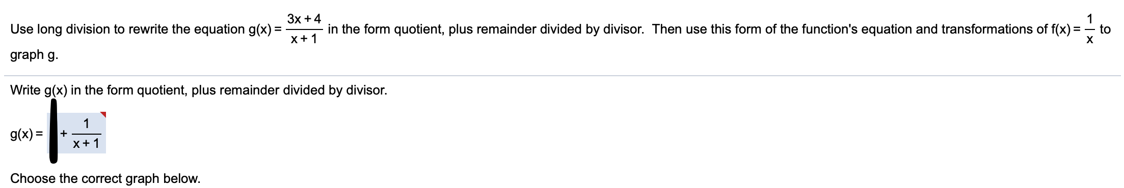 Solved 3x +4 Use long division to rewrite the equation g(x) | Chegg.com