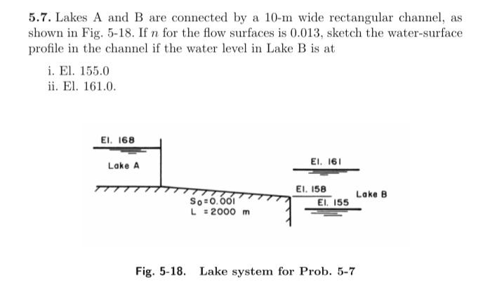 Solved 5.7. Lakes A and B are connected by a 10−m wide | Chegg.com