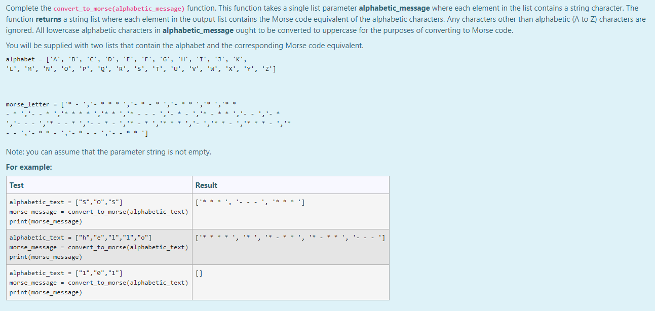 Solved Complete the convert_to_morse (alphabetic_message) | Chegg.com