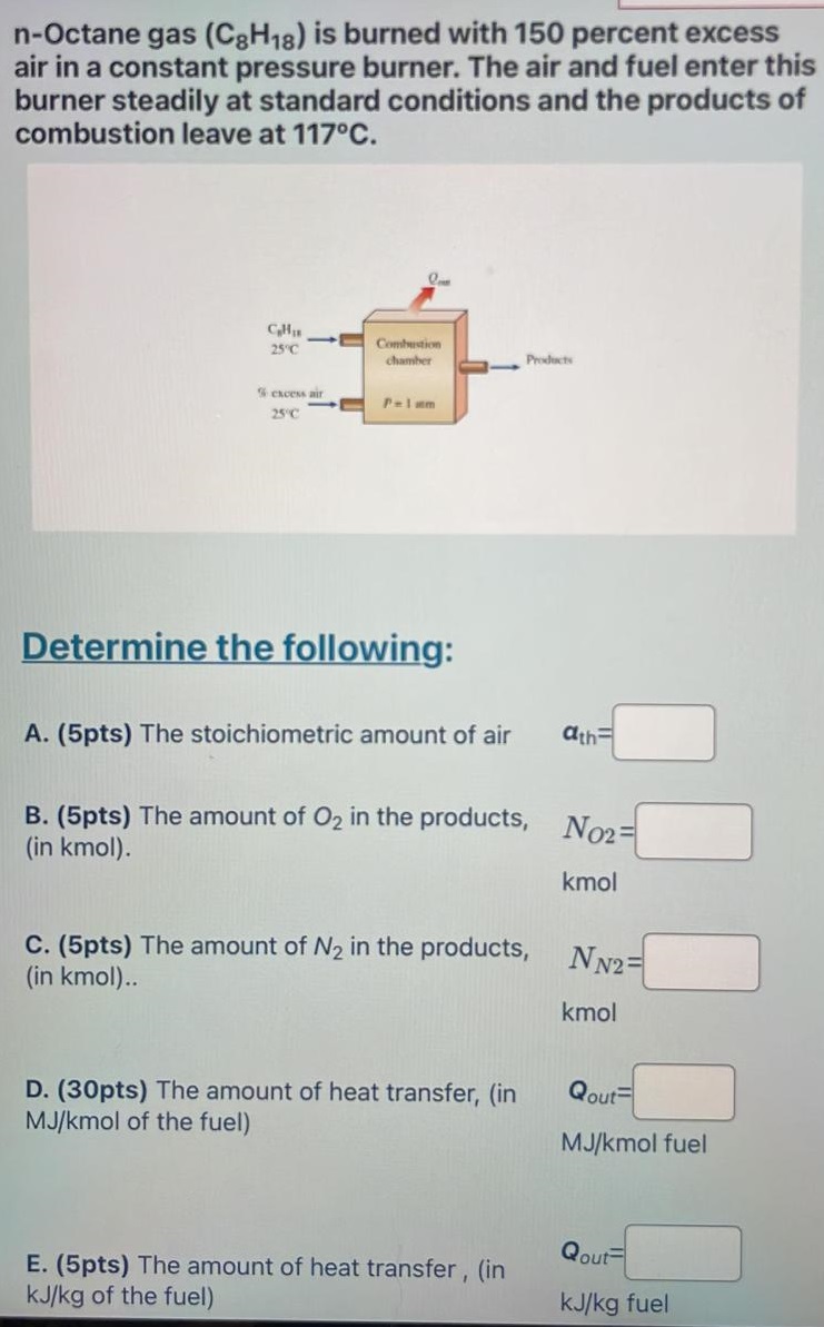 Solved n-Octane gas (C8H18) is burned with 150 percent | Chegg.com