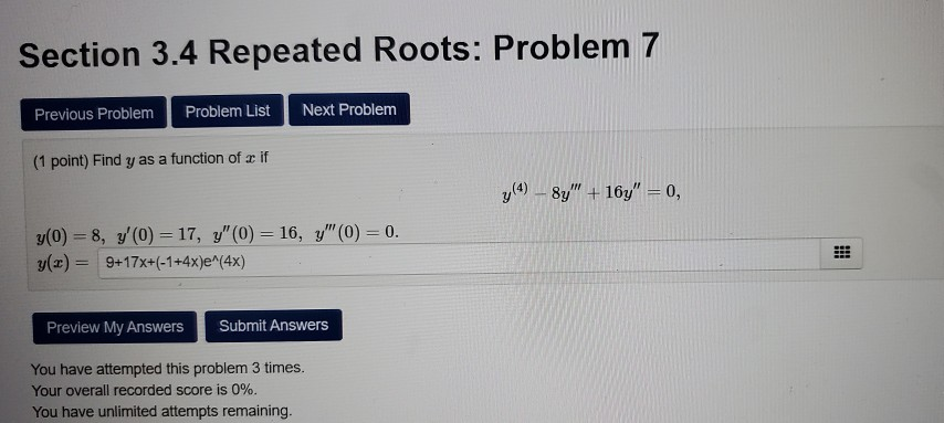 Solved Section 3.4 Repeated Roots: Problem 7 Previous | Chegg.com