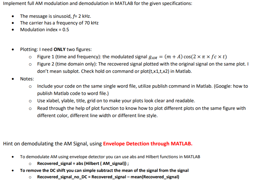Solved Implement full AM modulation and demodulation in | Chegg.com
