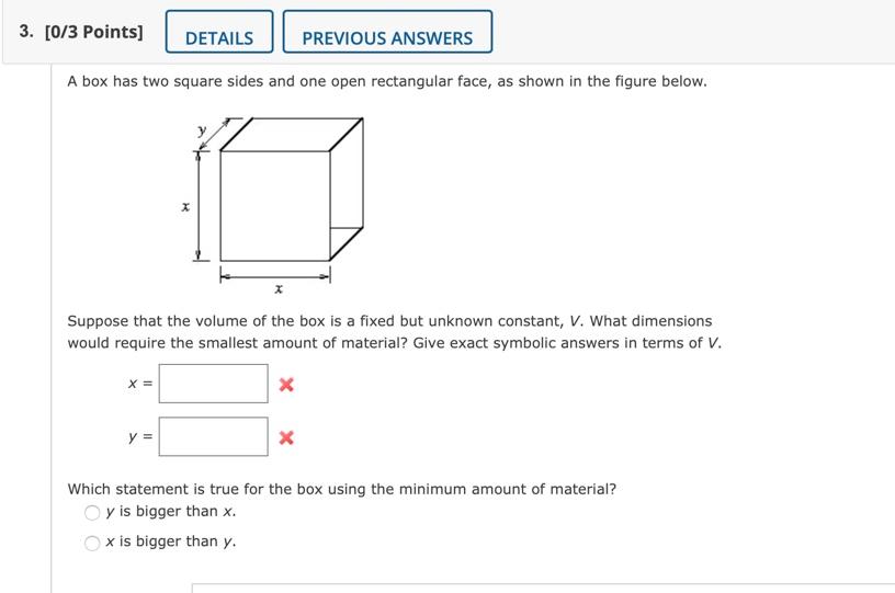 Solved 3. [0/3 points) DETAILS PREVIOUS ANSWERS A box has | Chegg.com