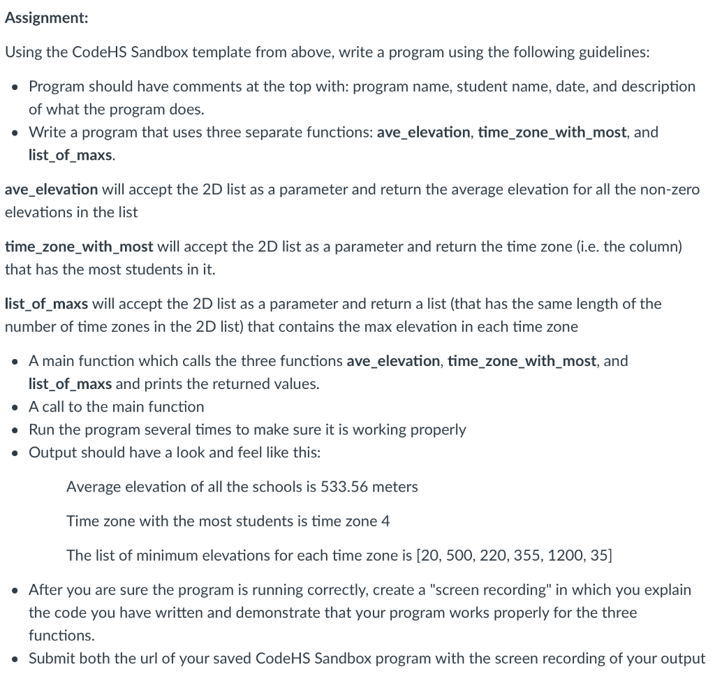Assignment: Using the CodeHS Sandbox template from | Chegg.com