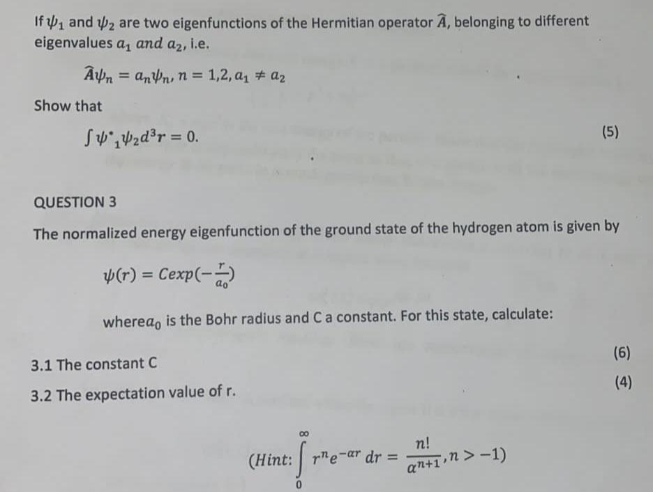 Solved If 41 and 2 are two eigenfunctions of the Hermitian | Chegg.com