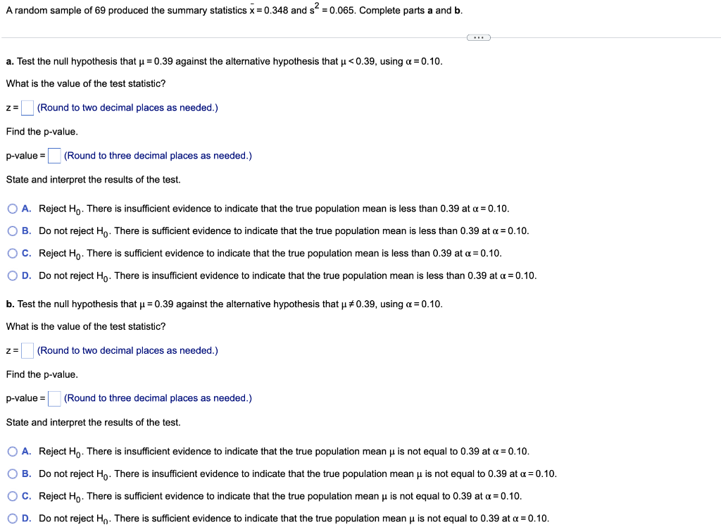 Solved A random sample of 69 produced the summary statistics | Chegg.com