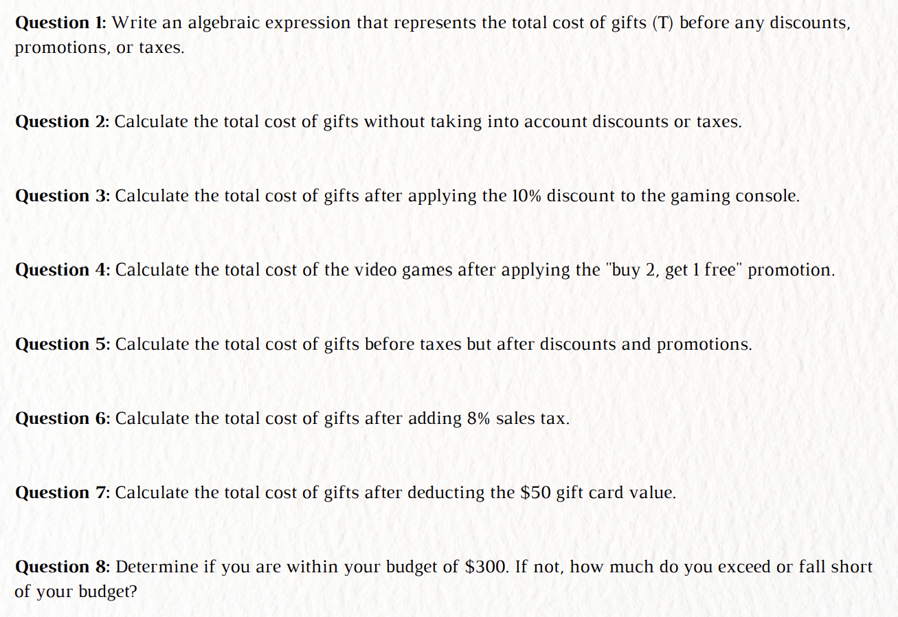 Solved PROBLEM: CHRISTMAS SHOPPING BUDGET You're excited to | Chegg.com