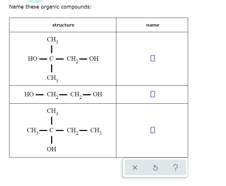 Solved Name these organic compounds: structure name CH, | HO | Chegg.com