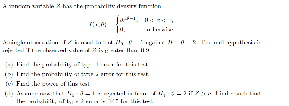 Solved A random variable Z has the probability density | Chegg.com