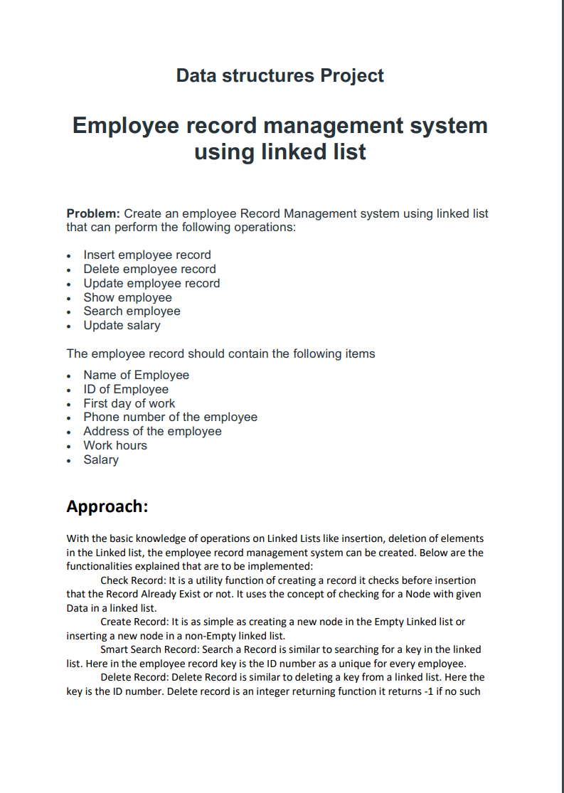 Solved Data structures Project Employee record management | Chegg.com