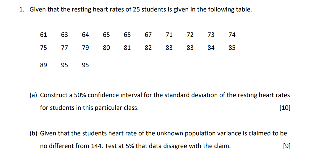 Solved 1. Given that the resting heart rates of 25 students | Chegg.com