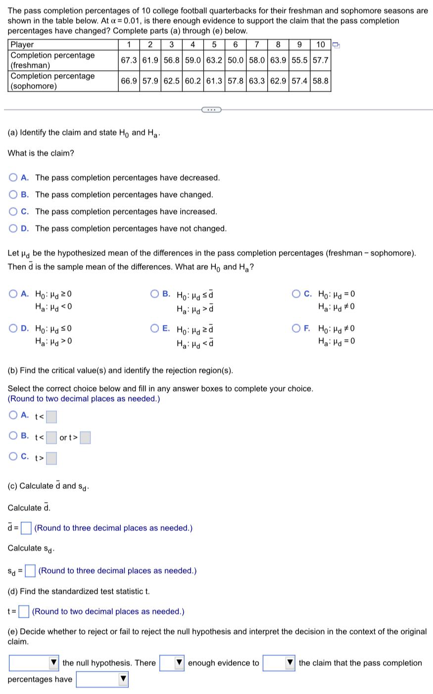 Solved The pass completion percentages of 10 college | Chegg.com