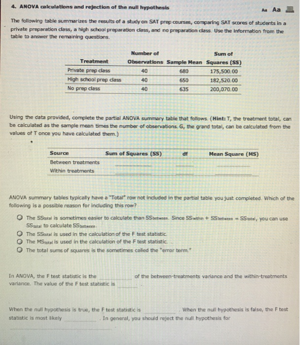 Solved 4. ANOVA calculations and rejection of the null | Chegg.com