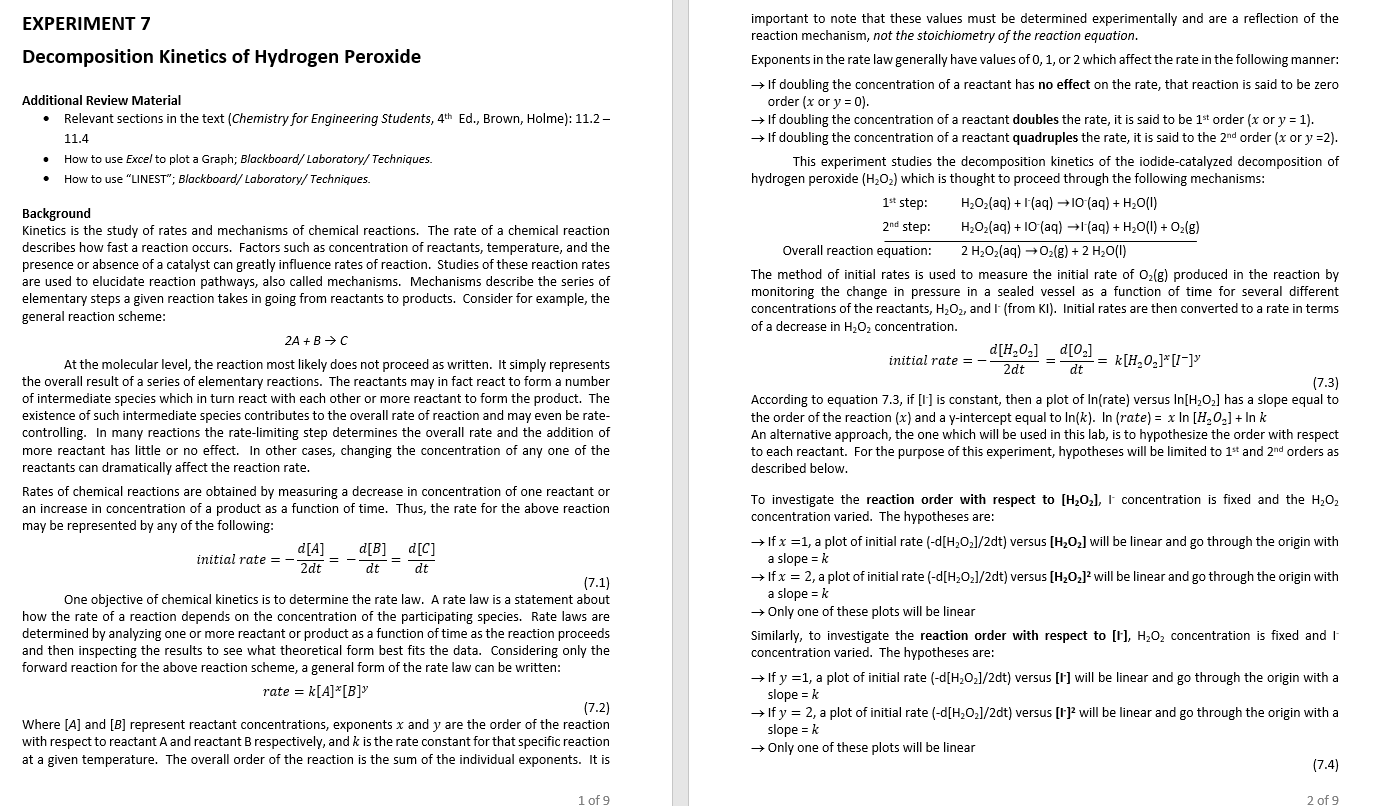 Solved EXPERIMENT 7 Decomposition Kinetics of Hydrogen | Chegg.com