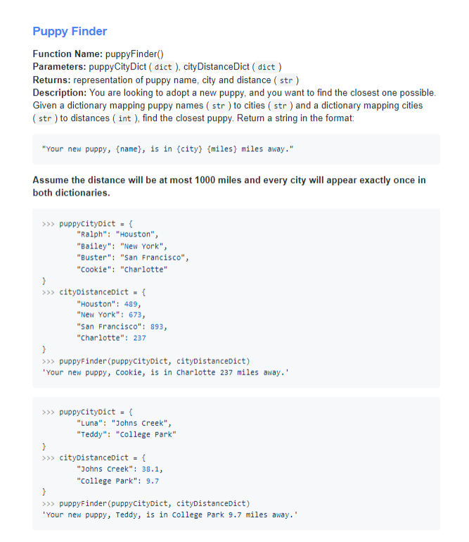 Solved Puppy Finder Function Name: puppyFinder() Parameters: | Chegg.com