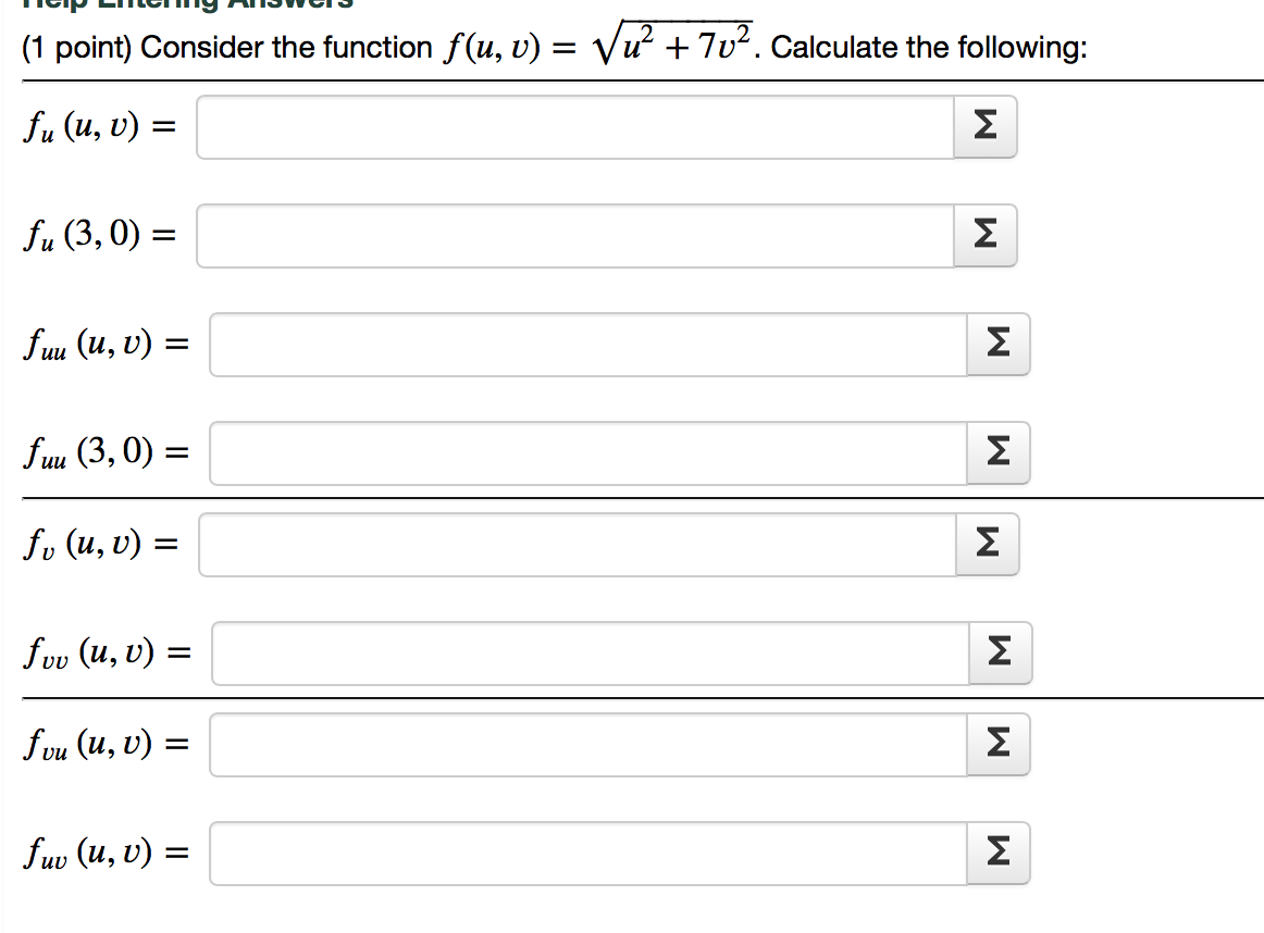 Solved (1 point) Consider the function f(u, v) = Vu? + 742. | Chegg.com