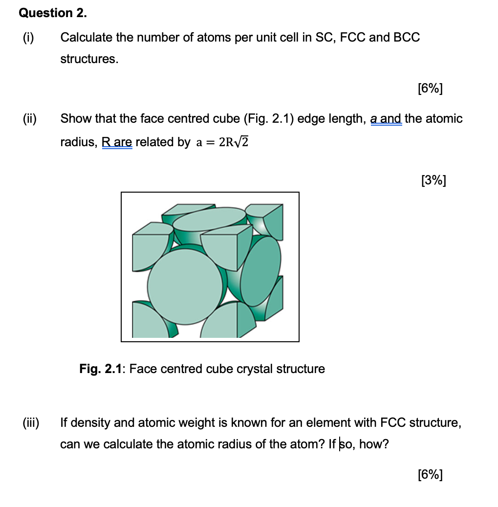 Solved Question 2. (i) Calculate the number of atoms per | Chegg.com