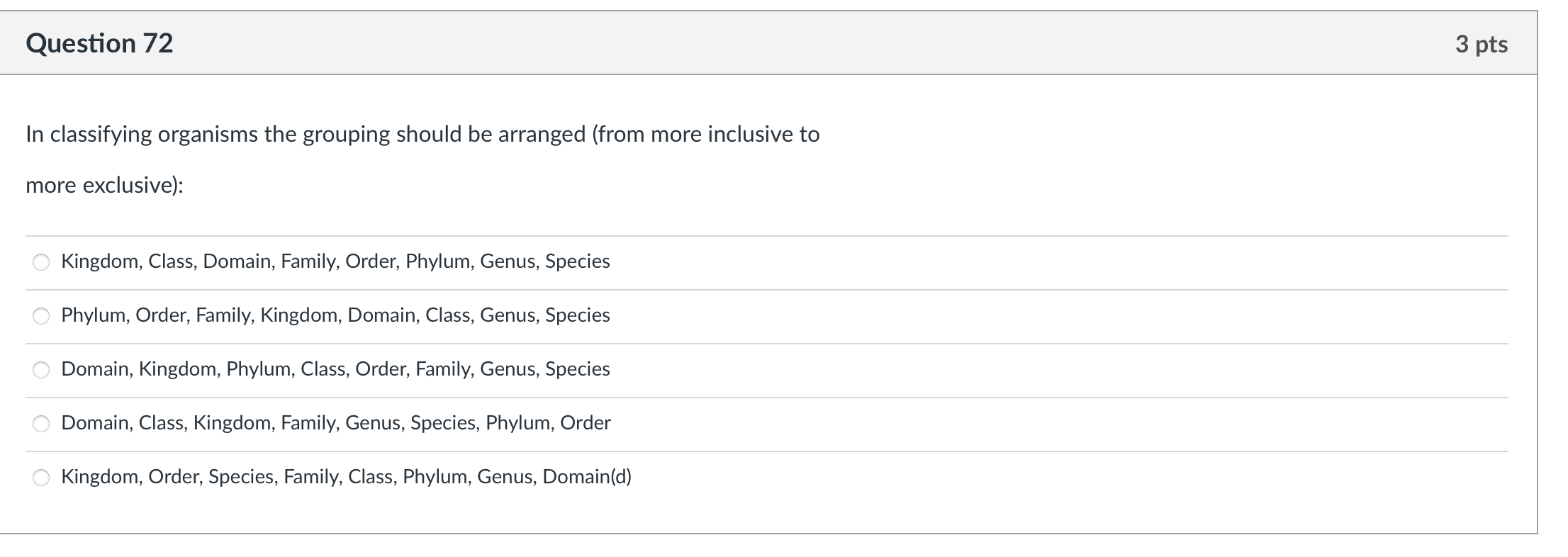 Solved Question 72 3 pts In classifying organisms the | Chegg.com