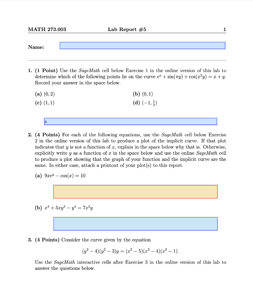 Solved MATH 273.003 Lab Report #5 Name: 1. (1 Point) Use the | Chegg.com