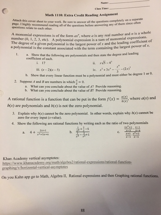 Solved Name: Class Time: Math 1110: Extra Credit Reading | Chegg.com