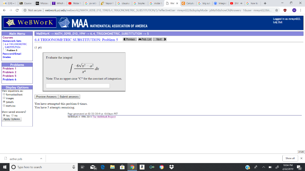 Solved kC Not secure webwork.ucr.edu/webwork2/MATH 009B 010 | Chegg.com