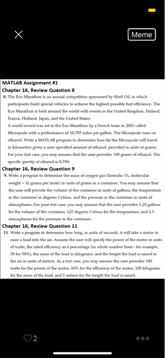 Solved Meme MATLAB Assignment #1 Chapter 16, Review Question | Chegg.com