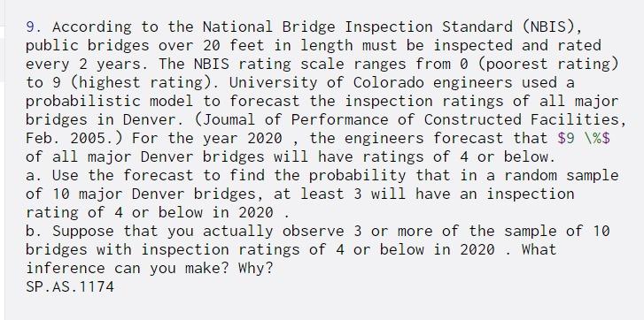 Solved 9. According to the National Bridge Inspection | Chegg.com