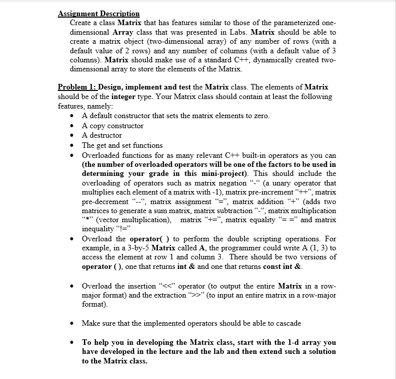 Solved Assignment Description Create a class Matrix that has | Chegg.com