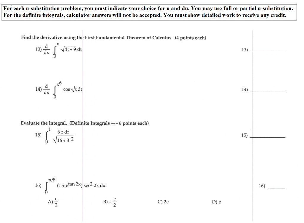 Solved For each u-substitution problem, you must indicate | Chegg.com