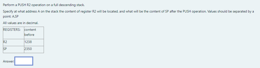 Solved Perform a PUSH R2 operation on a full descending | Chegg.com