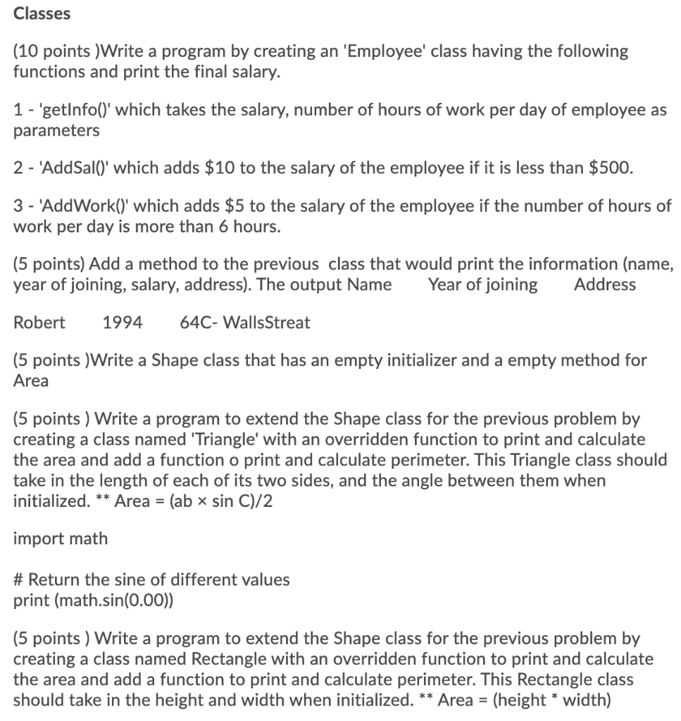 Solved Classes (10 points )Write a program by creating an | Chegg.com