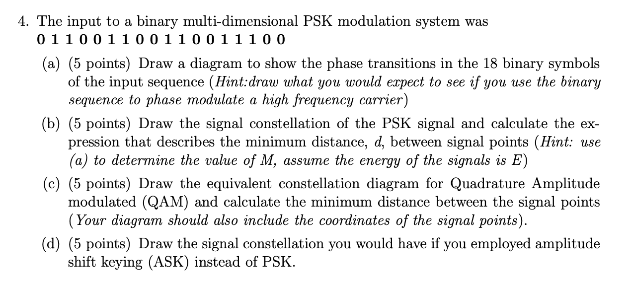 Solved 4. The input to a binary multi-dimensional PSK | Chegg.com