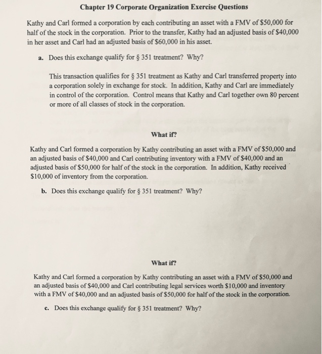 Solved Chapter 19 Corporate Organization Exercise Questions | Chegg.com