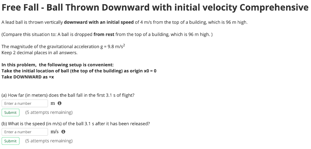 Solved Free Fall - Ball Thrown Downward with initial | Chegg.com