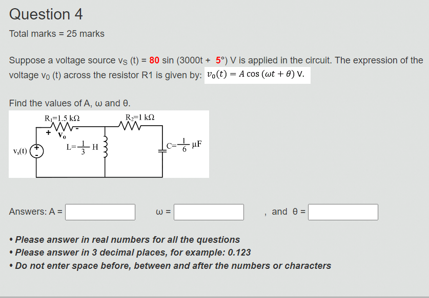 Solved Suppose a voltage source vS(t)=80sin(3000t+5∘)V is | Chegg.com