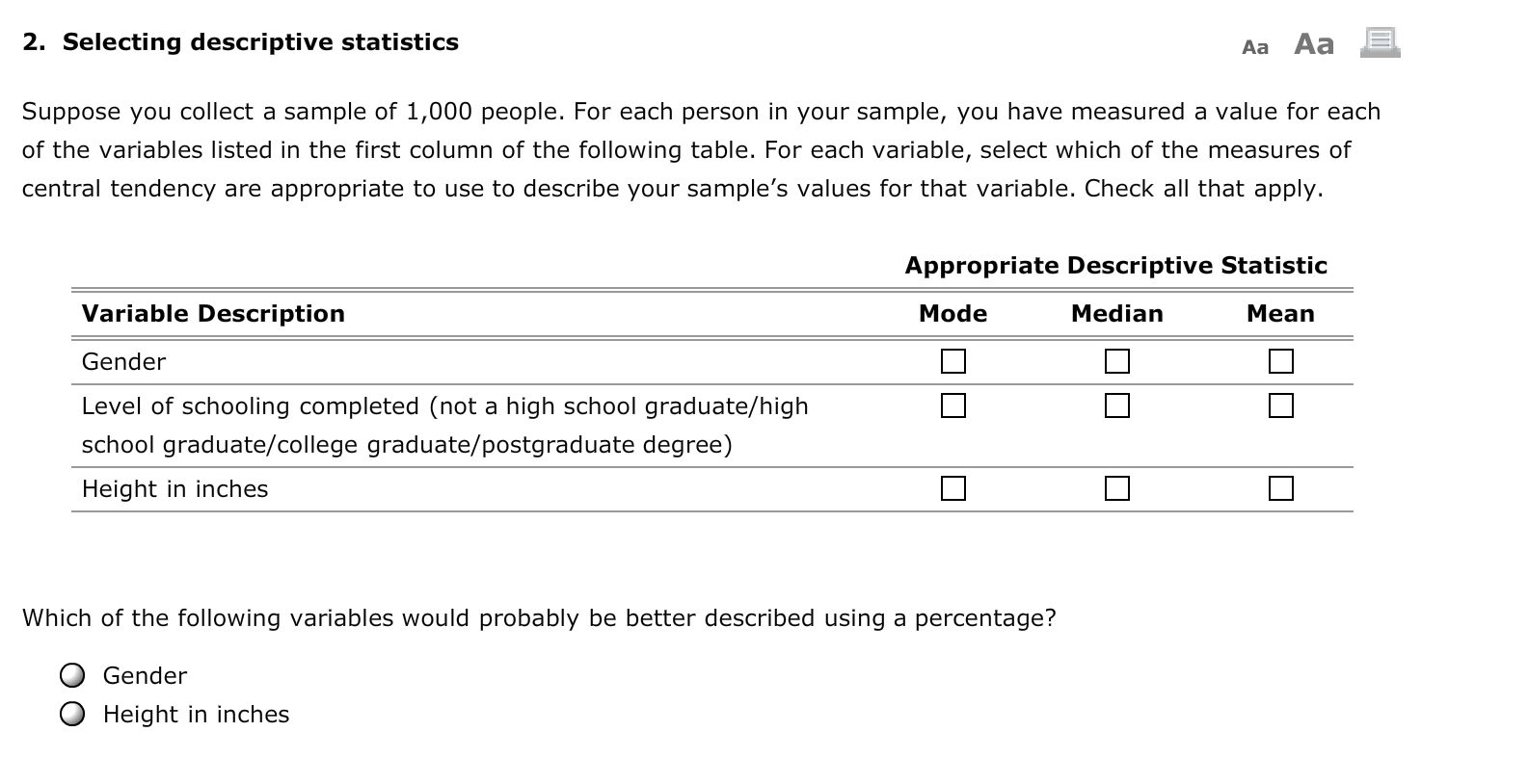 Solved 2. Selecting descriptive statistics Aa Aa E Suppose | Chegg.com
