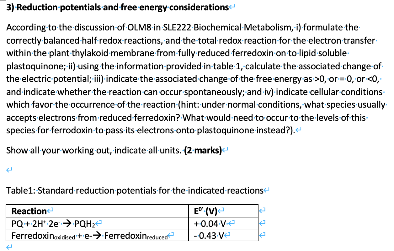 Solved 3).Reduction potentials and free energy | Chegg.com