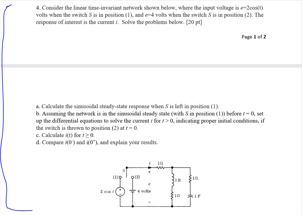 Solved 4. Consider the linear time-invariant network shown | Chegg.com