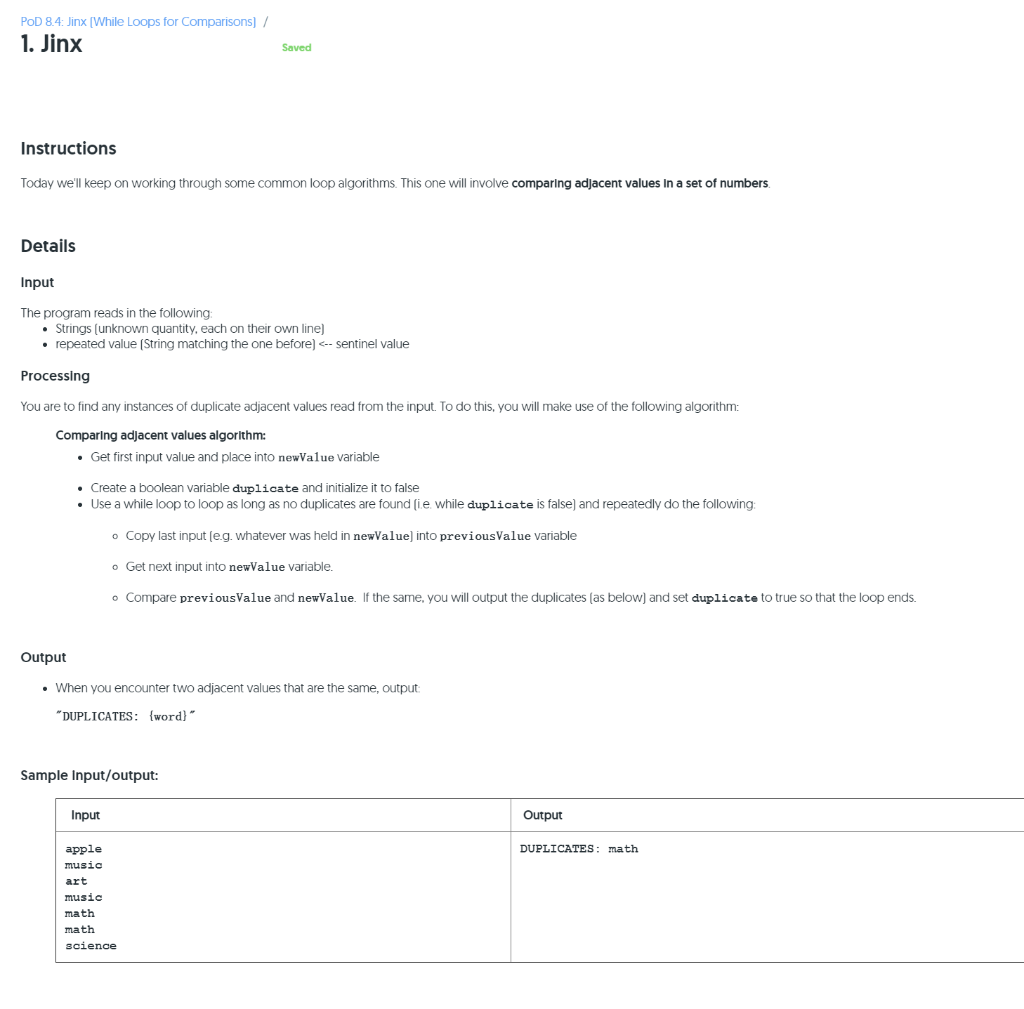 Solved POD 8.4: Jinx [While Loops for Comparisons) / 1. Jinx | Chegg.com