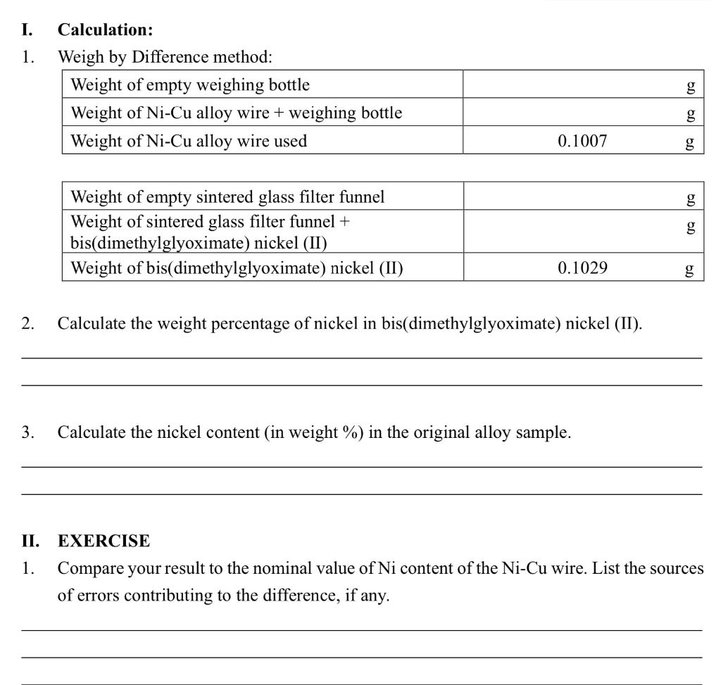 Solved I. 1. Calculation: Weigh by Difference method: Weight | Chegg.com