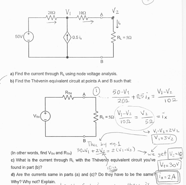 Solved 20Ω 1 102 2 50V 0.5 ix RL 52 a) Find the current | Chegg.com