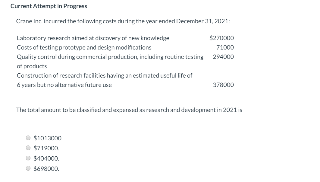 Solved Current Attempt in Progress Crane Inc. incurred the | Chegg.com