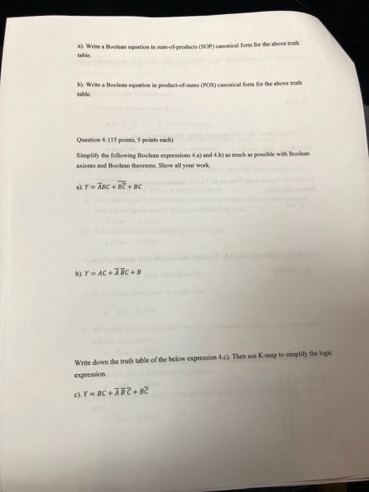 Solved A Write A Boolean Equation In Sum Of Products Sop