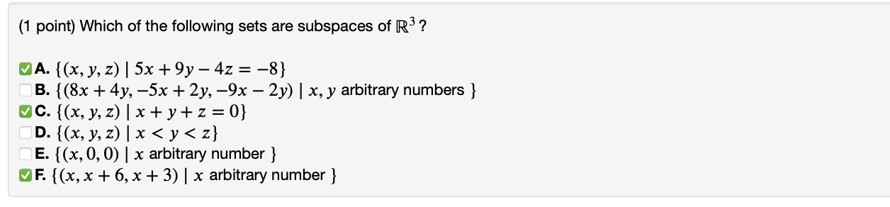 Solved (1 point) Which of the following sets are subspaces | Chegg.com