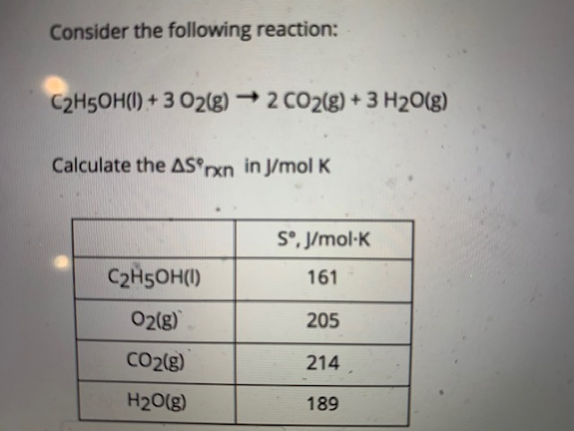 Solved Consider the following reaction: C2H5OH(1) + 3 O2(g) | Chegg.com