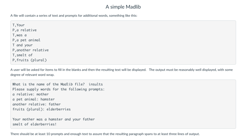 A simple Madlib A file will contain a series of text | Chegg.com