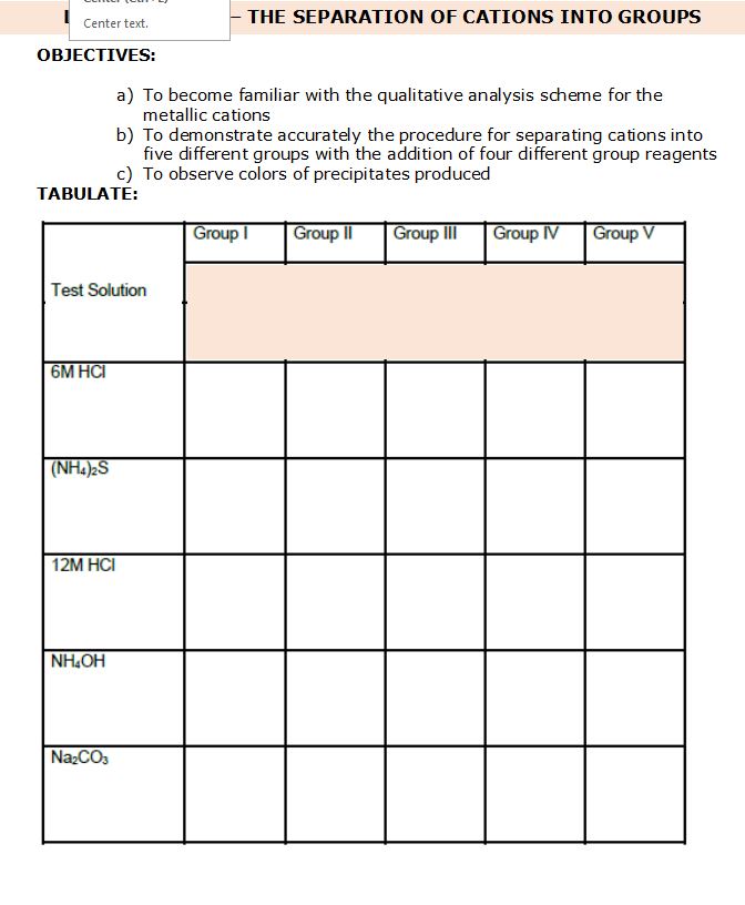 Solved - THE SEPARATION OF CATIONS INTO GROUPS Center text. | Chegg.com