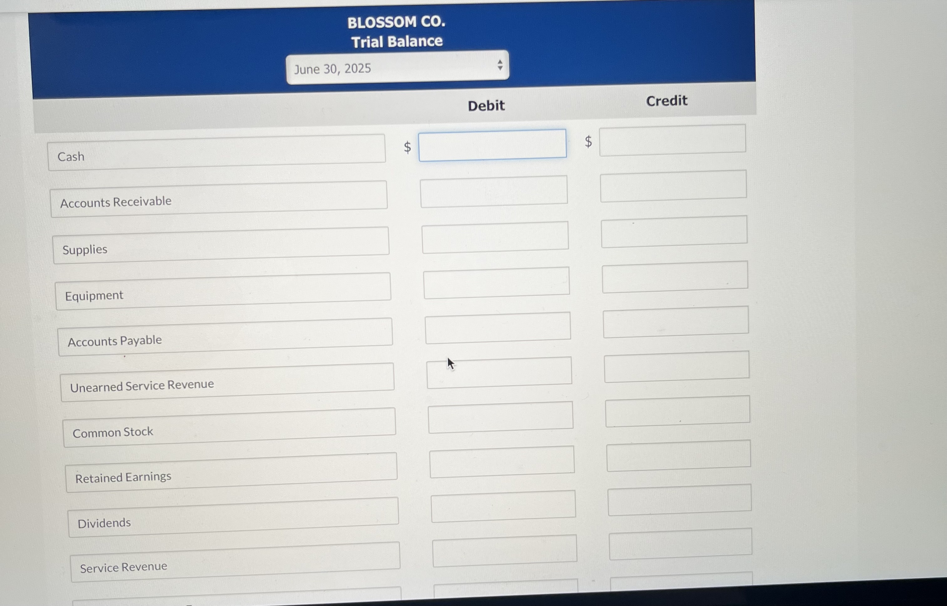 Solved June 30, 2025 Debit Credit Cash $ $ Accounts | Chegg.com