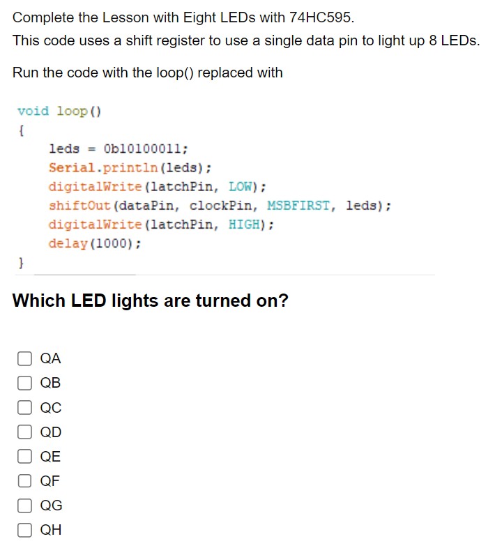Solved Complete the Lesson with Eight LEDs with 74HC595. | Chegg.com